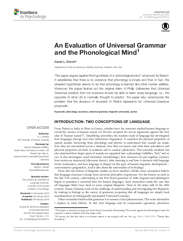 (PDF) An Evaluation of Universal Grammar and the Phonological Mind1