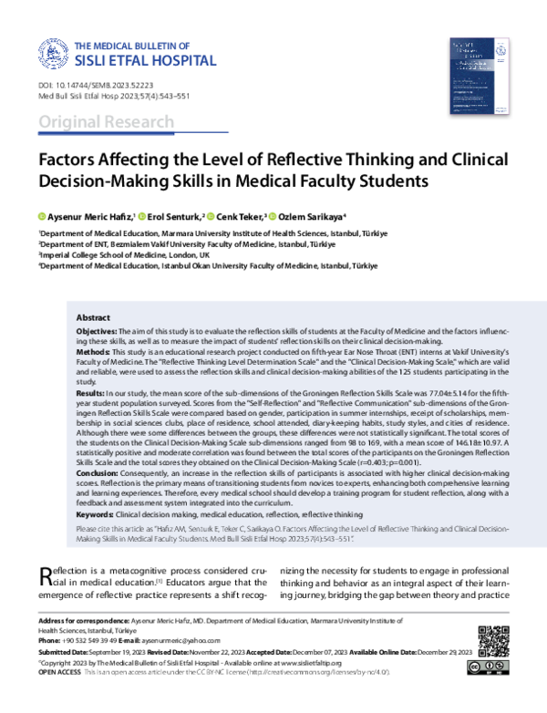 (PDF) Factors Affecting the Level of Reflective Thinking and Clinical ...