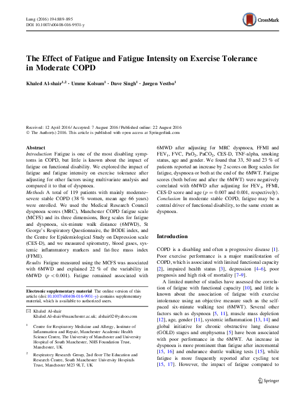 (PDF) The Effect of Fatigue and Fatigue Intensity on Exercise Tolerance ...