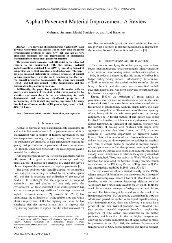 (PDF) Asphalt Pavement Material Improvement: A Review
