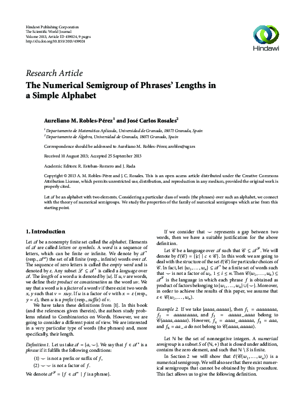 (PDF) The Numerical Semigroup of Phrases' Lengths in a Simple Alphabet
