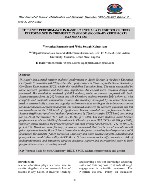 (PDF) Students’ Performance in Basic Science as a Predictor of their ...