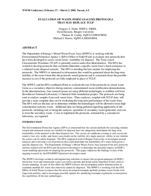 (PDF) Evaluation of Waste-Form Analysis Protocols That May Replace TCLP
