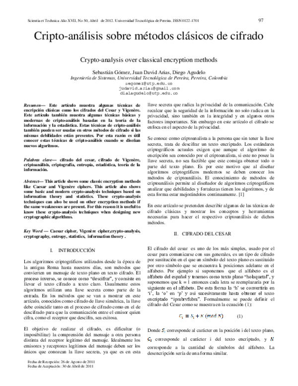 (PDF) Cripto-Análisis Sobre Métodos Clásicos de Cifrado