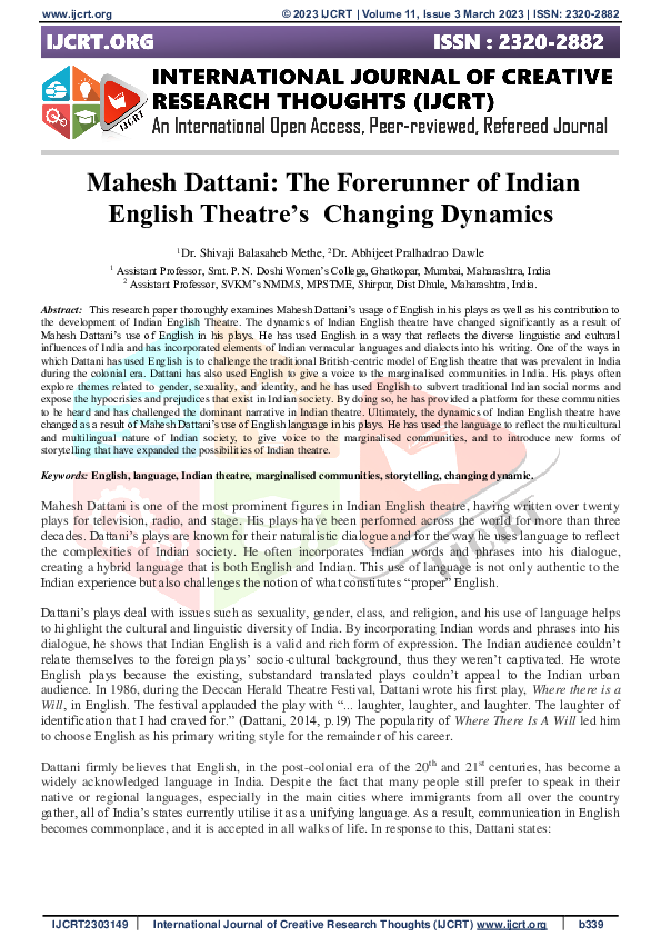 (PDF) Mahesh Dattani: The Forerunner of Indian English Theatre's ...