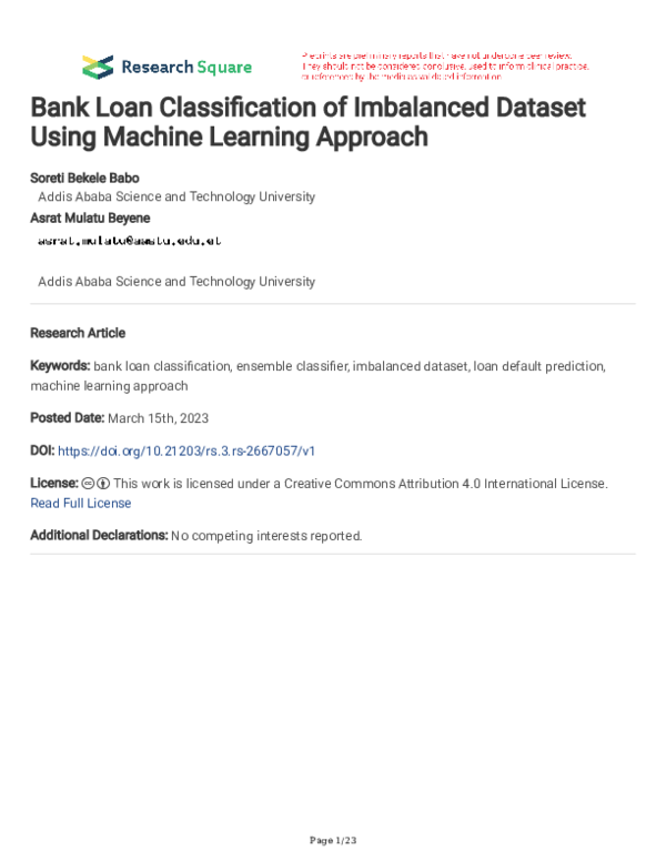 (PDF) Bank Loan Classification of Imbalanced Dataset Using Machine Learning Approach