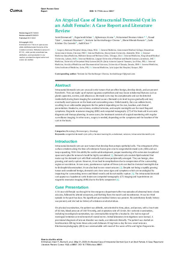 (PDF) An Atypical Case of Intracranial Dermoid Cyst in an Adult Female ...