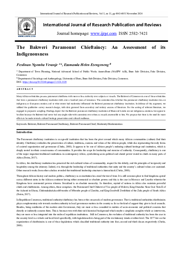 (PDF) The Bakweri Paramount Chieftaincy: An Assessment of its ...