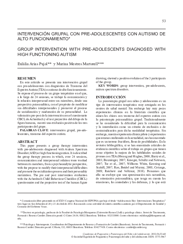 (PDF) INTERVENCIÓN GRUPAL CON PRE-ADOLESCENTES CON AUTISMO DE ALTO ...