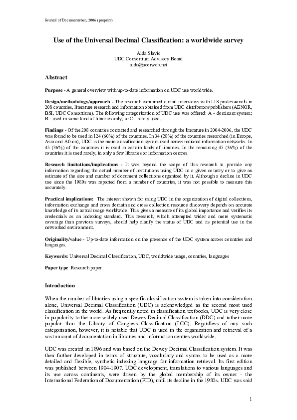 (PDF) Use of the Universal Decimal Classification