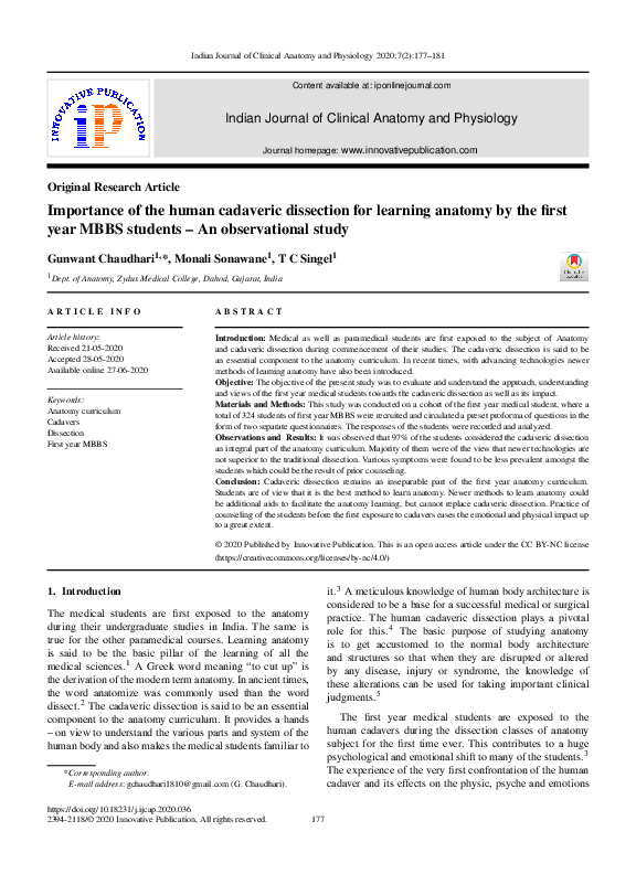 (PDF) Importance of the human cadaveric dissection for learning anatomy ...