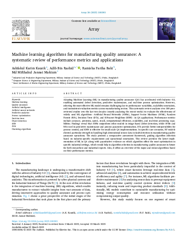 (PDF) Machine learning algorithms for manufacturing quality assurance: A systematic review of ...