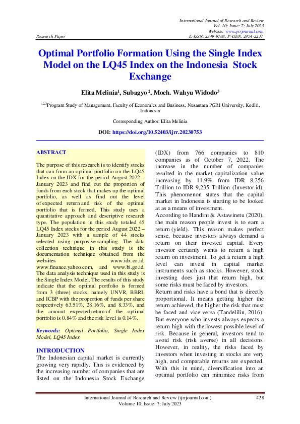 (PDF) Optimal Portfolio Formation Using the Single Index Model on the ...