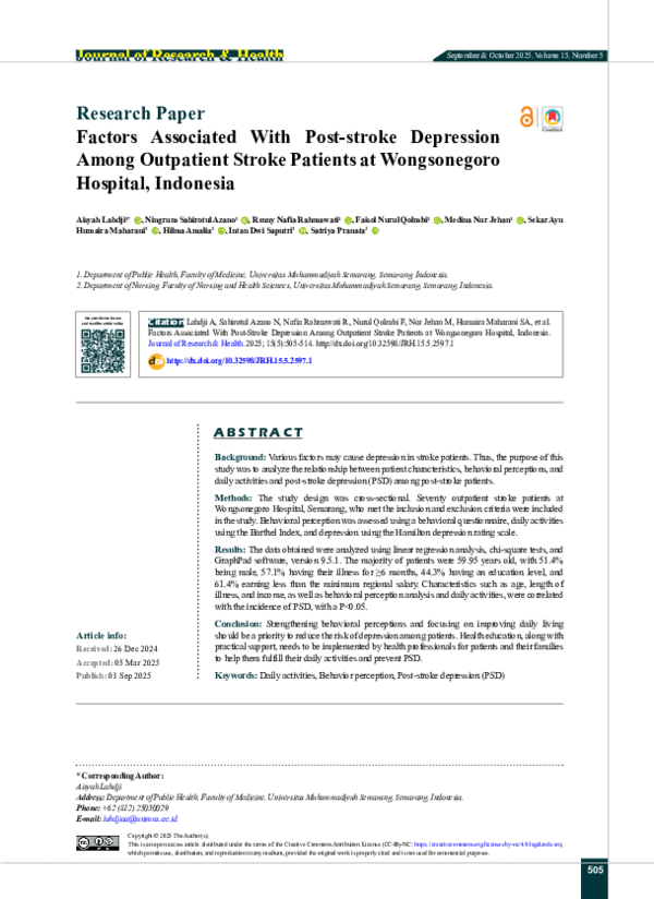 (PDF) Factors Associated With Post-stroke Depression Among Outpatient ...
