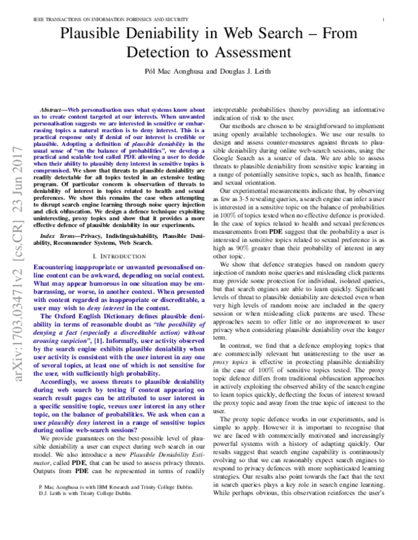 (PDF) Plausible Deniability in Web Search -- From Detection to Assessment