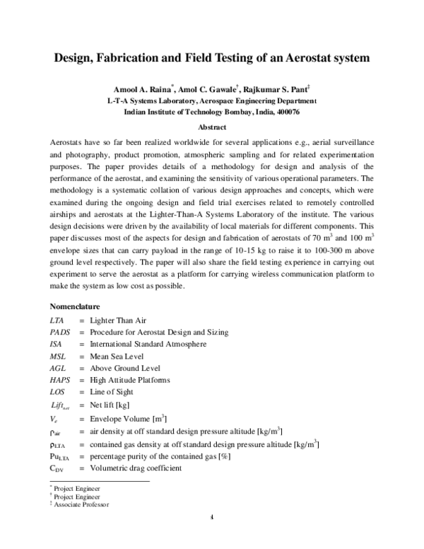 (PDF) Design, fabrication and field testing of aerostat system