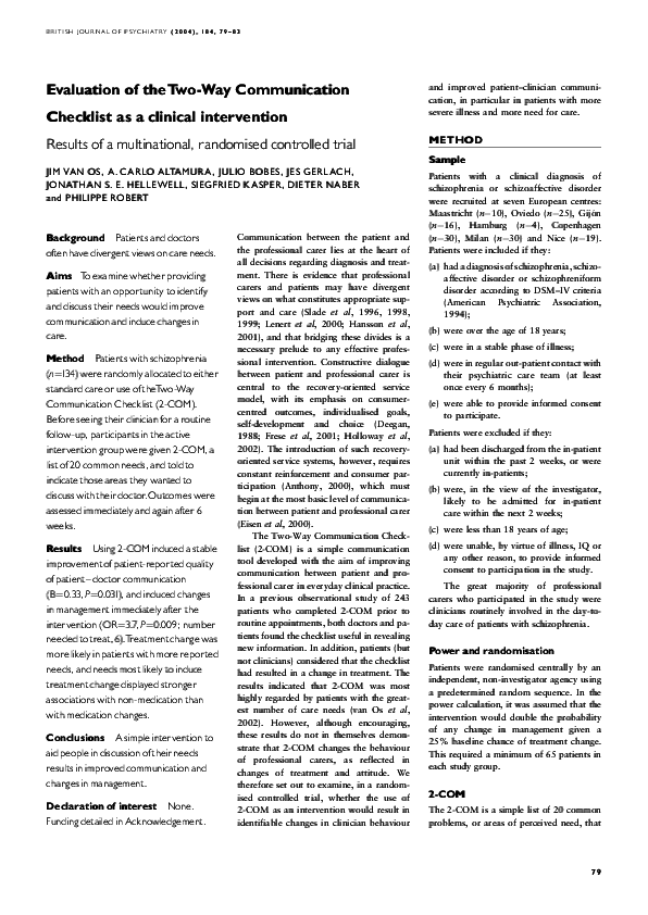 (PDF) Evaluation of the Two-Way Communication Checklist as a clinical ...