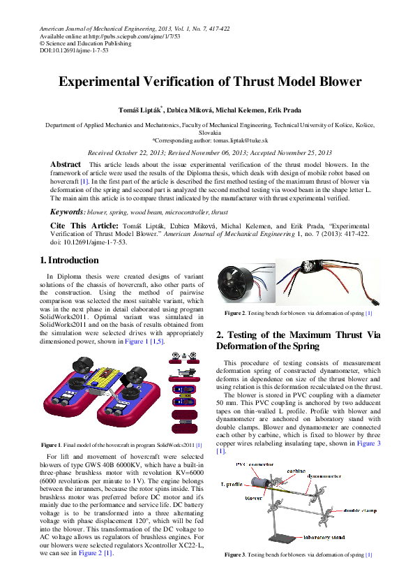 (PDF) Experimental Verification of Thrust Model Blower