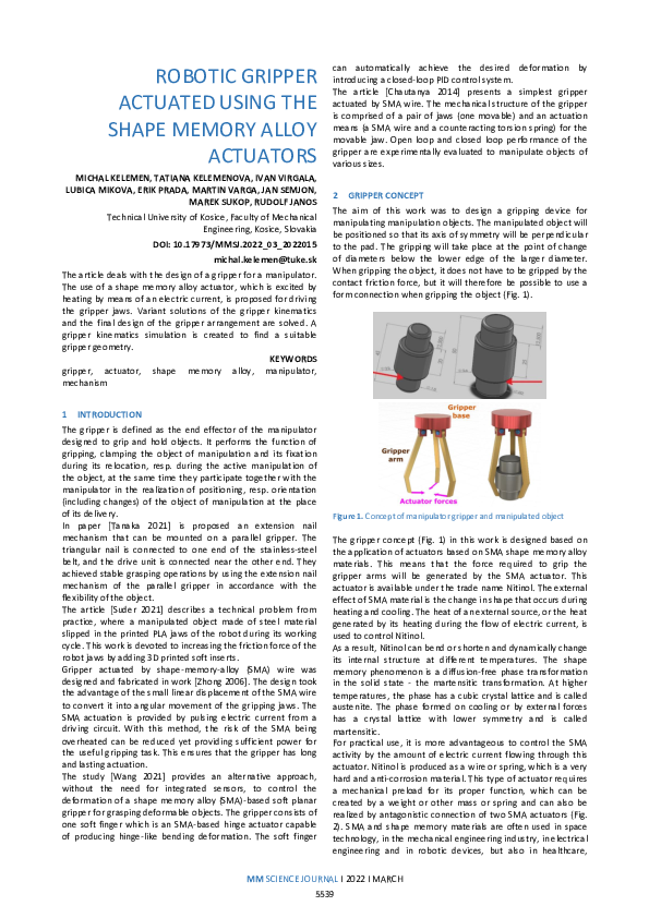 (PDF) Robotic Gripper Actuated Using the Shape Memory Alloy Actuators