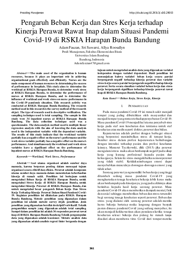 (PDF) Pengaruh Beban Kerja dan Stres Kerja terhadap Kinerja Perawat Rawat Inap dalam Situasi ...