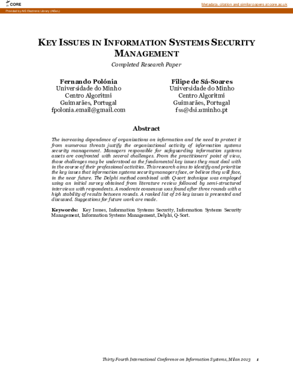 (PDF) Key Issues in Information Systems Security Management