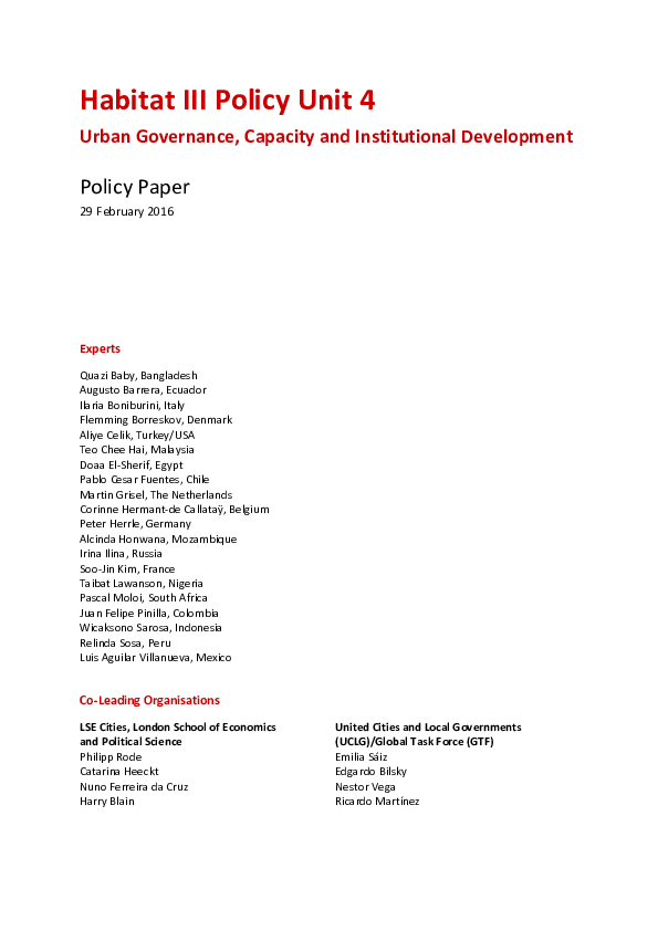 (PDF) Habitat III policy unit 4: urban governance, capacity and institutional development