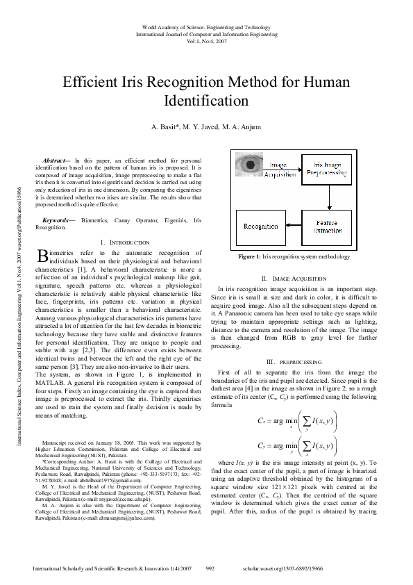 Pdf Efficient Iris Recognition Method For Human Identification