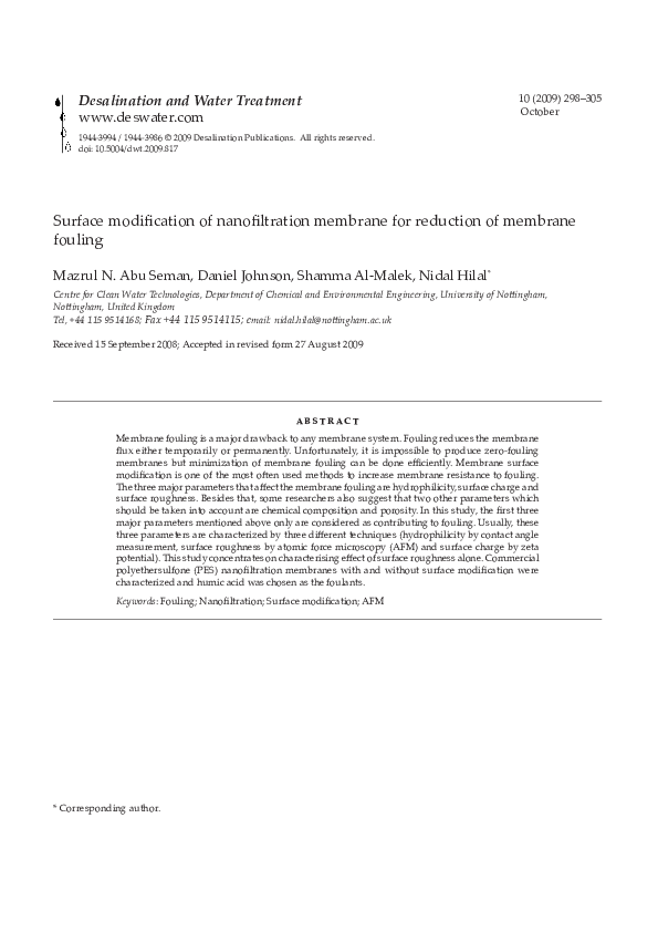 (PDF) Surface modification of nanofiltration membrane for reduction of ...