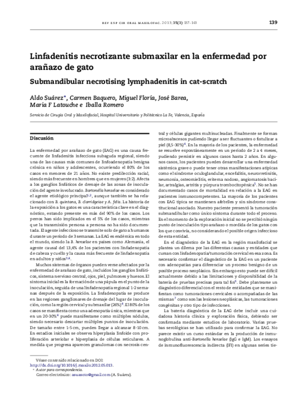 (PDF) Linfadenitis necrotizante submaxilar en la enfermedad por arañazo ...
