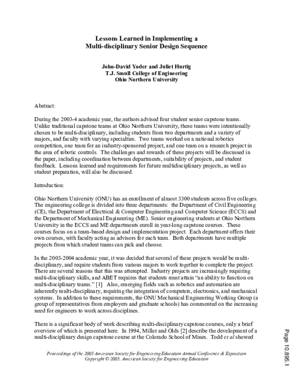 (PDF) Lessons Learned In Implementing A Multi Disciplinary Senior ...