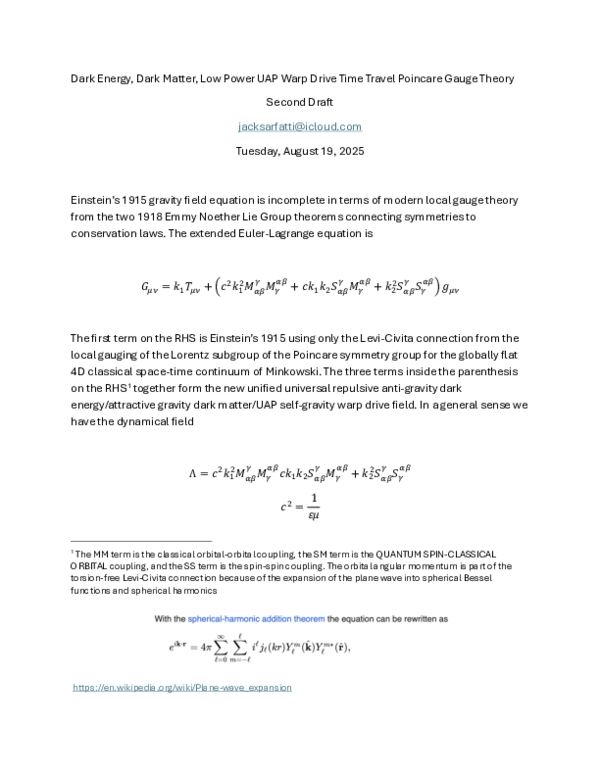 (PDF) Dark Energy, Dark Matter, Low Power UAP Warp Drive Time Travel Poincare Gauge Theory