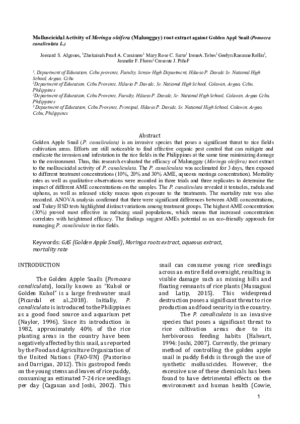 (PDF) Molluscicidal Activity of Moringa oleifera (Malunggay) root ...