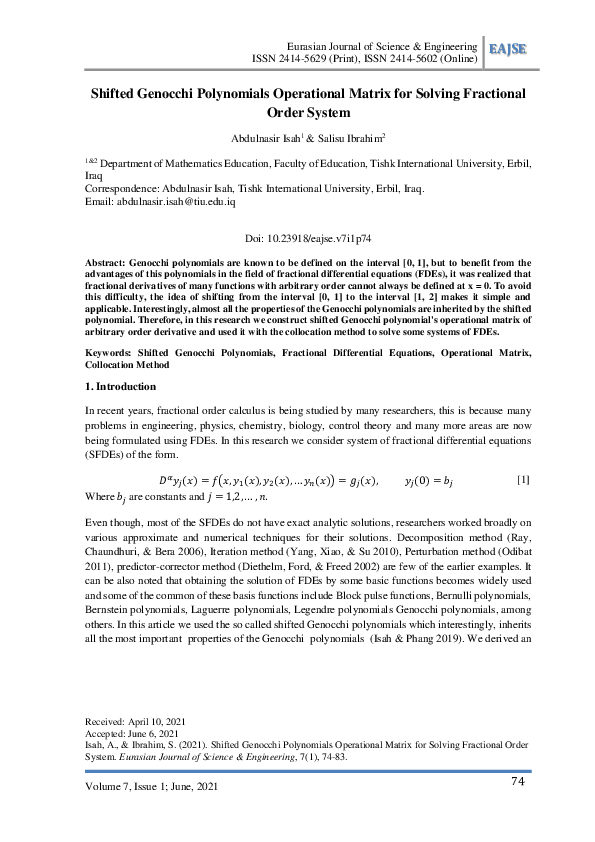 (PDF) Shifted Genocchi Polynomials Operational Matrix for Solving Fractional Order System