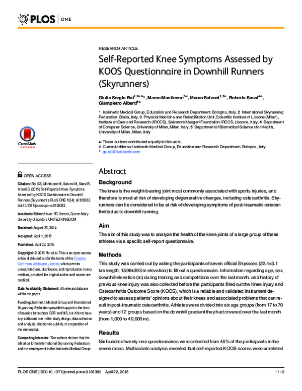 (PDF) Self-Reported Knee Symptoms Assessed by KOOS Questionnaire in ...