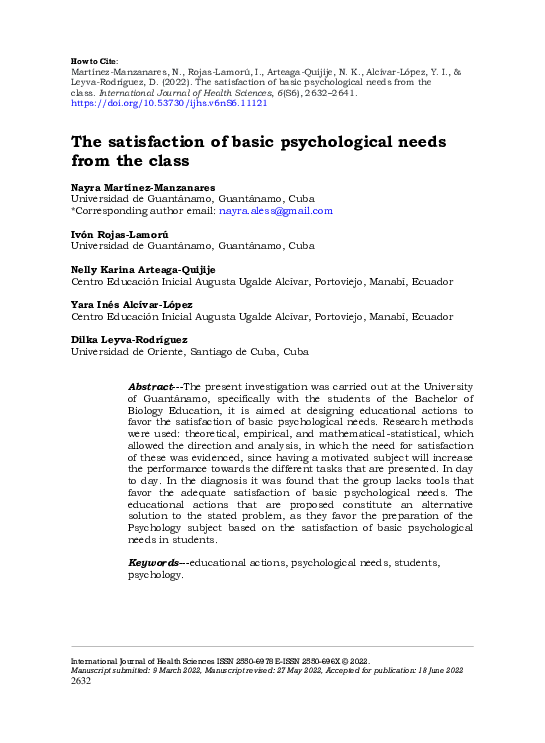 (PDF) Satisfaction of Basic Psychological Needs from the Class