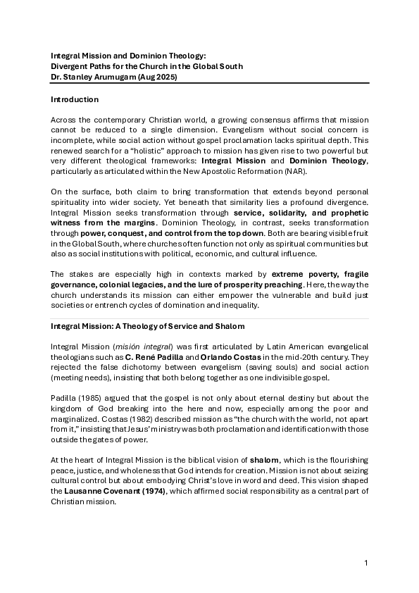 (PDF) Integral Mission and Dominion Theology: Divergent Paths for the ...