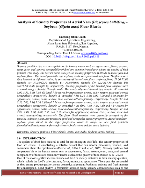 (PDF) Analysis of Sensory Properties of Aerial Yam (Dioscorea bulbifera ...