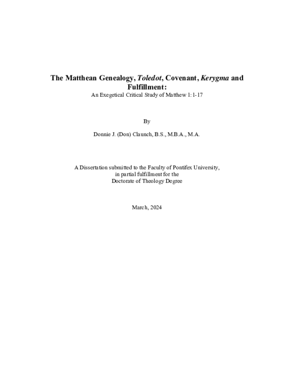 (PDF) The Matthean Genealogy, Toledot, Covenant Kerygma and Fulfillment ...