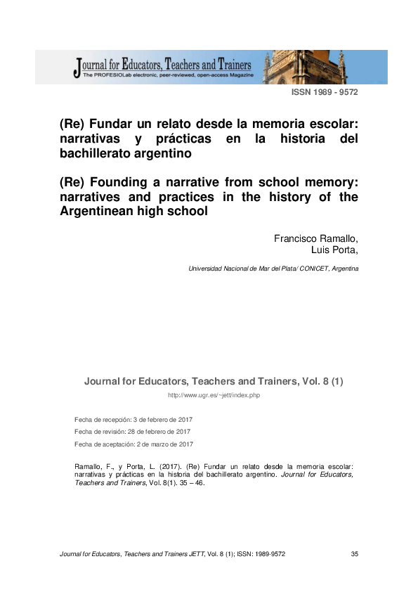 (PDF) (Re) Founding a narrative from school memory: narratives and practices in the history of ...