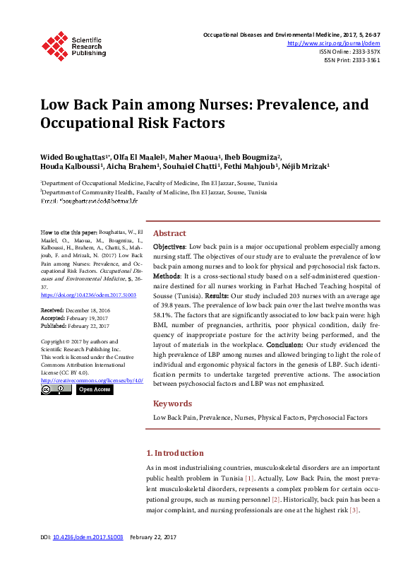 (PDF) Low Back Pain among Nurses: Prevalence, and Occupational Risk Factors