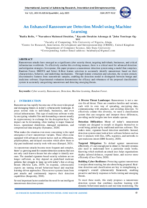 (PDF) An Enhanced Ransomware Detection Model using Machine Learning