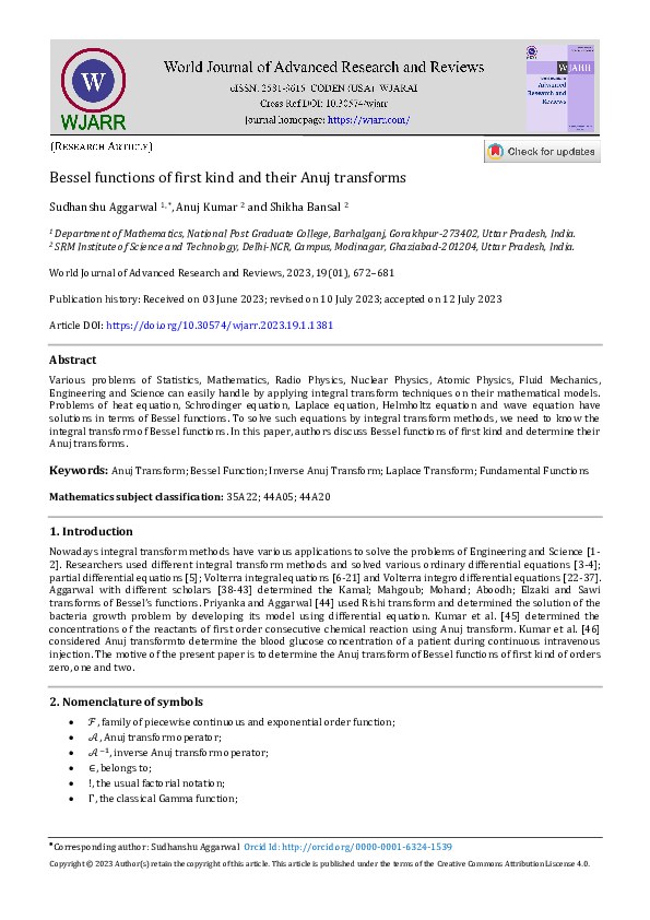 (PDF) Bessel functions of first kind and their Anuj transforms