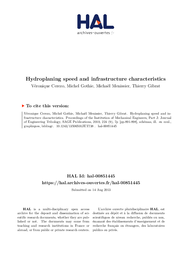 (PDF) Hydroplaning speed and infrastructure characteristics
