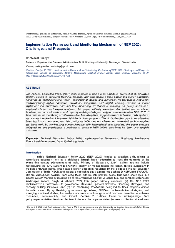(PDF) Implementation Framework and Monitoring Mechanism of NEP 2020 ...
