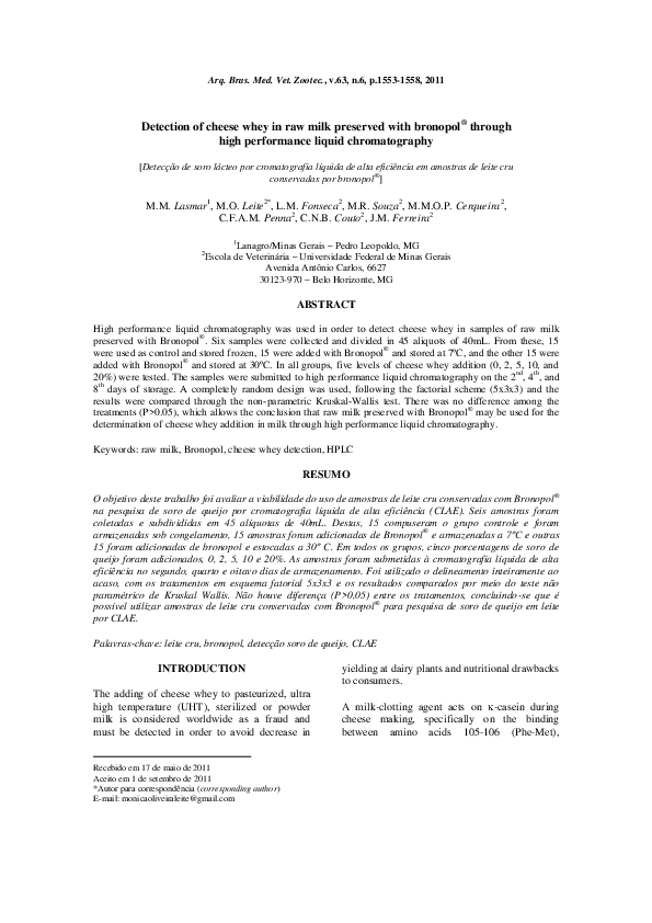 (PDF) Detection of cheese whey in raw milk preserved with bronopol ...