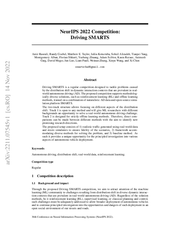 (PDF) NeurIPS 2022 Competition: Driving SMARTS
