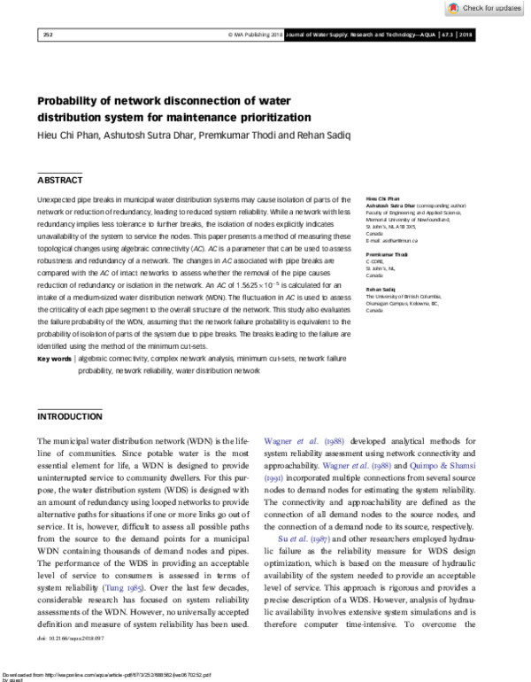 (PDF) Probability of network disconnection of water distribution system ...