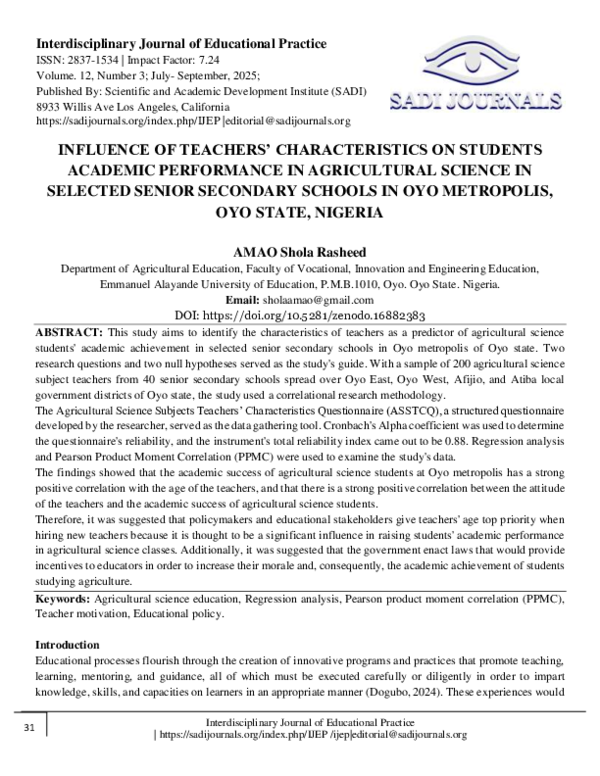 (PDF) INFLUENCE OF TEACHERS' CHARACTERISTICS ON STUDENTS ACADEMIC ...