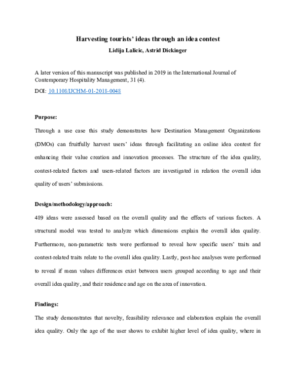 (PDF) Harvesting tourists' ideas through an idea contest