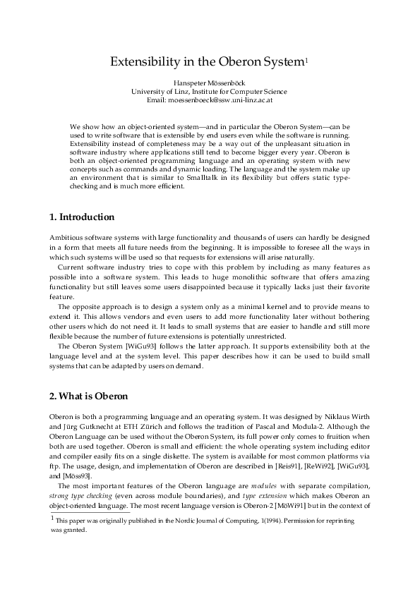 (PDF) Extensibility in the Oberon system